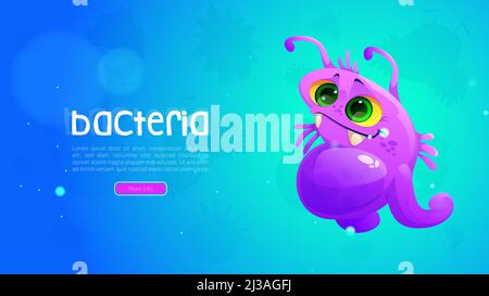 Bacteria cartoon web banner with funny blue microbe or virus character ...
