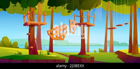 Adventure park, rope climbing center in forest with obstacles, suspended ladders and wooden ...