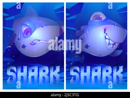 Angry and happy shark under water in ocean. Vector posters of sea ...