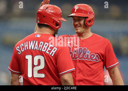 Philadelphia Phillies' Bryce Harper, left, and Kyle Schwarber celebrate ...