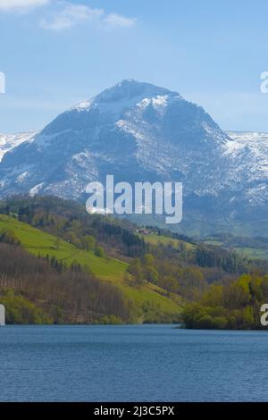 Ibiur reservoir and Mount Txindoki in the Sierra de Aralar Natural Park ...