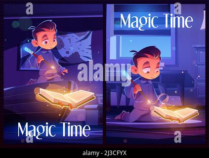 Magic book cartoon posters, young girl in night library or reader club ...