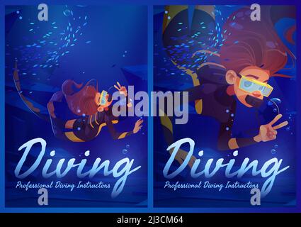 Diving instructors professional service, scuba club ad posters. Diver ...