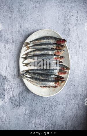 Top view of bunch of fresh sardines placed on oval plate on marble ...