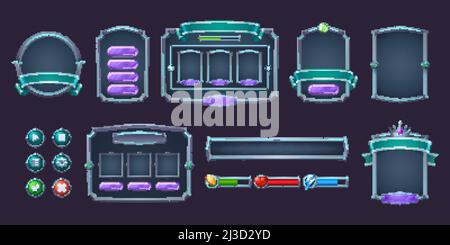 Game buttons and frames with metal border. Design elements and assets for user interface. Vector ...