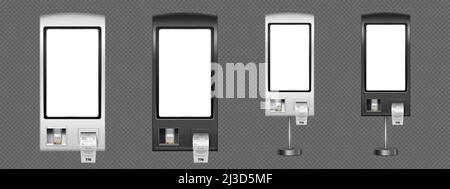 Self order kiosk realistic 3d vector mockup. Vending machines with sensor panel and pos terminal ...