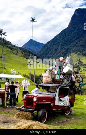 SALENTO, COLOMBIA - JULY 2021. Tourists with their dog at the beautiful ...