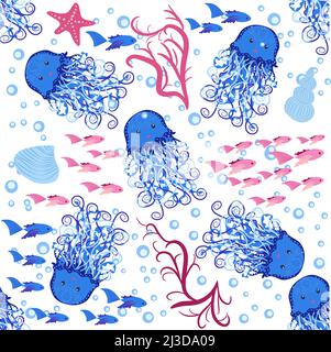 Jellyfish animals bright seamless patterns. Seamless pattern with ...
