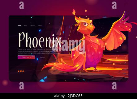 Cute phoenix character with orange burning feathers and fire. Vector ...