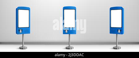 Self order kiosk realistic 3d vector mockup. Vending machines with sensor panel and pos terminal ...