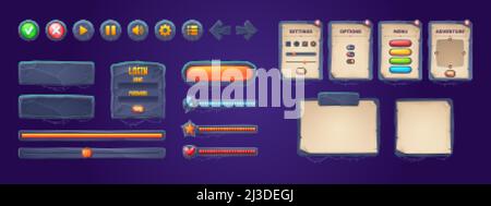 Game ui scrolls, stone boards and antique parchments cartoon menu ...