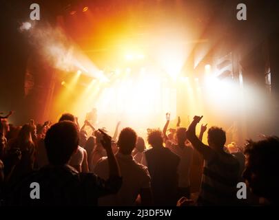 Rock fans unite. Rear view of a crowd cheering at a concert- This ...