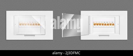 Fuse box, electrical panel with switchers, closed and open door ...