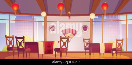 Chinese restaurant interior, empty cafe in traditional asian style with ...