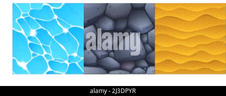 Game textures of water, stones and sand seamless patterns top view ...