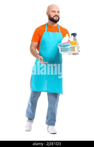 Bald man with cleaning supplies isolated on white Stock Photo - Alamy