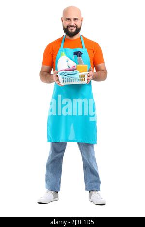 Bald man with cleaning supplies isolated on white Stock Photo - Alamy