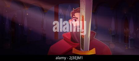 Cartoon templar knight holding sword, wearing red cross, on white ...