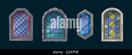 Cartoon interior windows of castle, temple and fortress. Vector palace ...