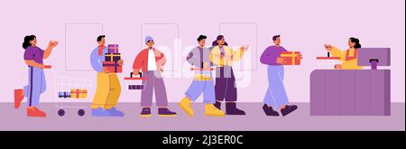 Angry queue in store, dissatisfied and tired customers stand in line at ...