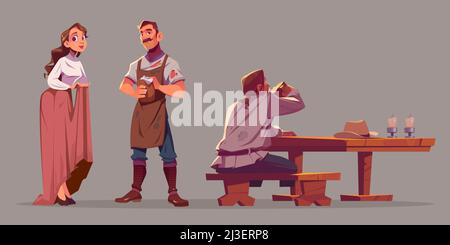People in old tavern, waitress, bartender and man sitting at wooden ...