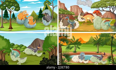 Different prehistoric forest scenes with dinosaur cartoon illustration ...