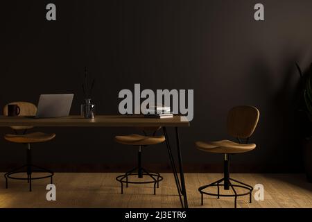 Modern dark hipster working desk with laptop white screen mockup ...