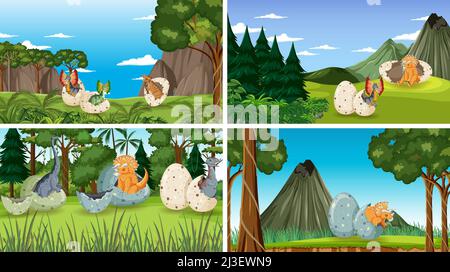 Different prehistoric forest scenes with dinosaur cartoon illustration ...