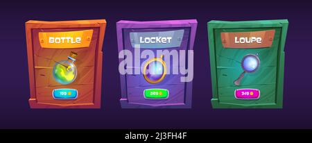 Rpg game shop menu panel with medieval weapon, swords, axe and shields in metal frames. Cartoon ...