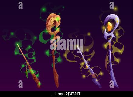 Magic wands, wooden sticks with crystals for magical tricks and spell ...