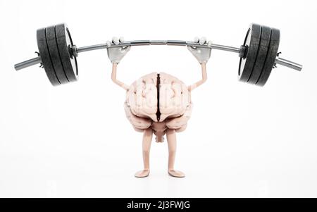 Brain lifting barbell weights. Mental training concept. 3D illustration ...