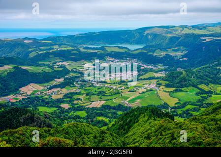 Aerial view of Furnas town at Sao Miguel island, Azores, Portugal Stock ...
