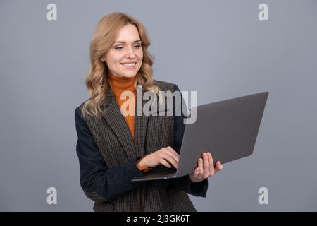 Your office companion. Pretty woman work on laptop. Running business ...
