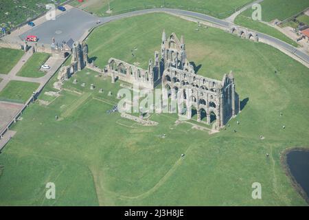 An aerial view of the ruined Whitby Abbey, North Yorkshire Stock Photo ...