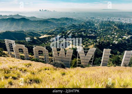 Backstage At The Hollywood Sign overlooking Los Angeles. The iconic ...