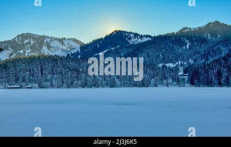 Loop trail at Spitzingsee in winter, Bavaria, Upper Bavaria, Germany ...