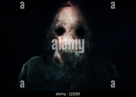 A horror concept of a demonic figure screaming with black sunken skull ...