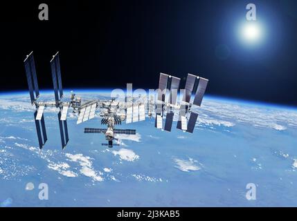 ISS over the planet, against the background of clouds. Elements of this ...