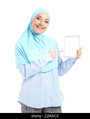 Muslim secretary with tablet on white background Stock Photo - Alamy