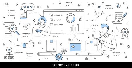 Quality control background with doodle checklist, guarantee badge ...