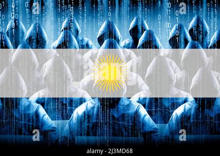 Anonymous hooded hacker, flag of Argentina, binary code - cyber attack ...