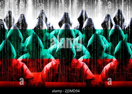 Anonymous hooded hacker, flag of Bulgaria, binary code - cyber attack ...