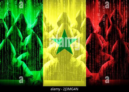 Anonymous hooded hacker, flag of Senegal, binary code - cyber attack ...