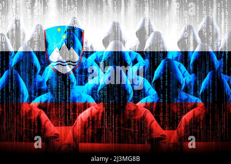 Anonymous hooded hacker, flag of Slovenia, binary code - cyber attack ...