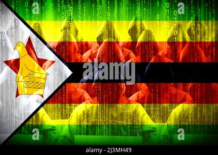 Anonymous hooded hacker, flag of Zimbabwe, binary code - cyber attack ...