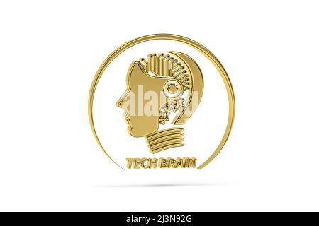 Golden 3d tech brain icon isolated on white background - 3d render ...