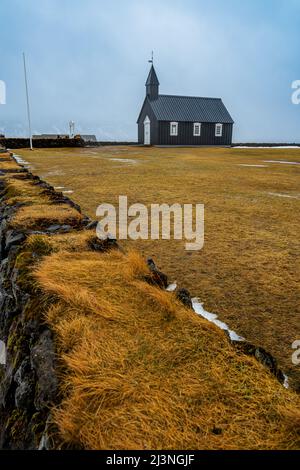 The little black church of Budir in the south part of Snaefellsnes ...