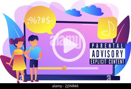 Children at laptop listening to music with parental advisory label ...