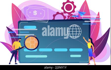 Plastic bank card, microchip and man with magnifier. Credit card ...