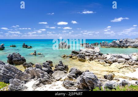 North side shoreline in Bermuda. Beach and rock formation located north ...